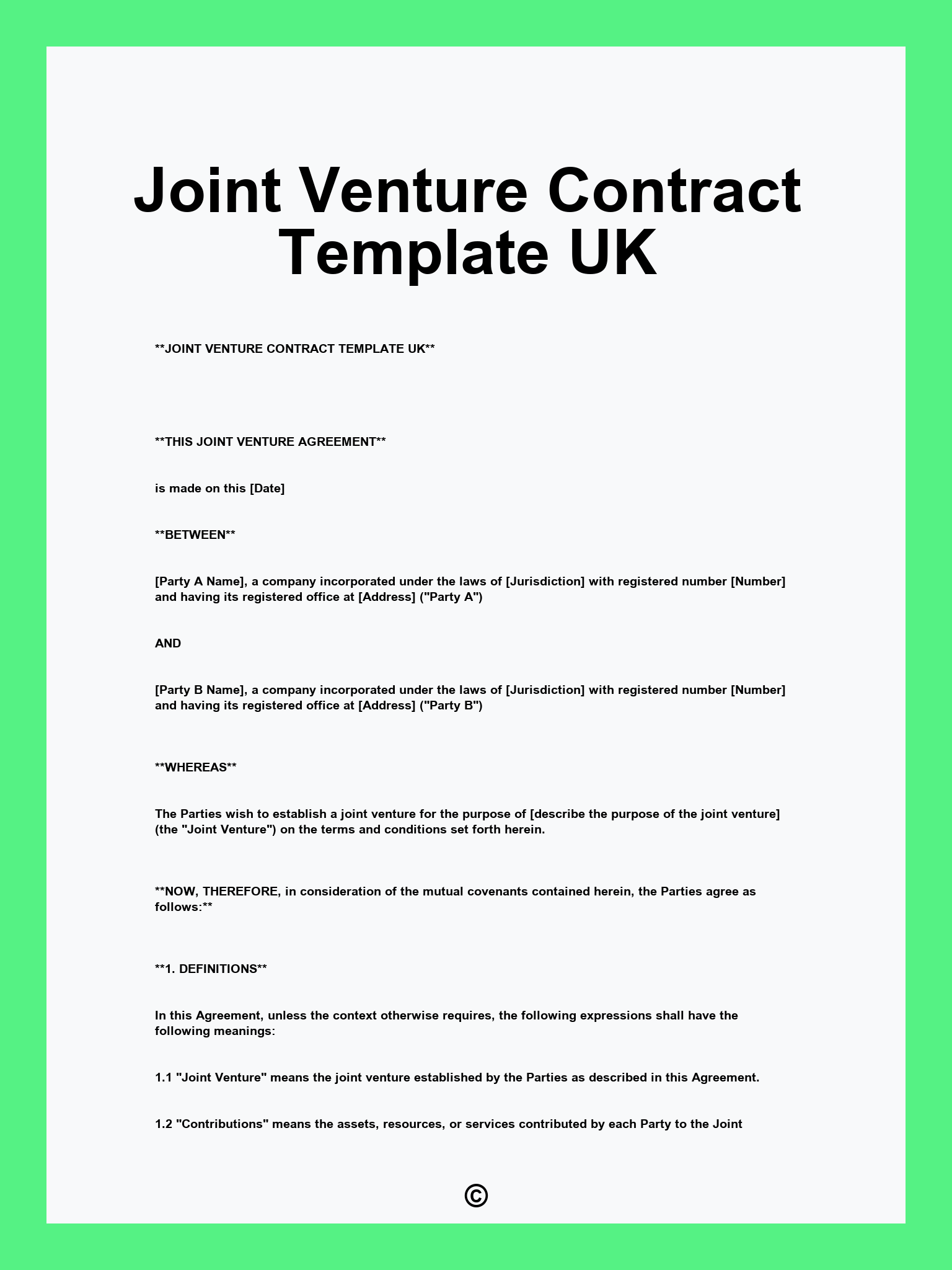 Joint Venture Contract Template UK