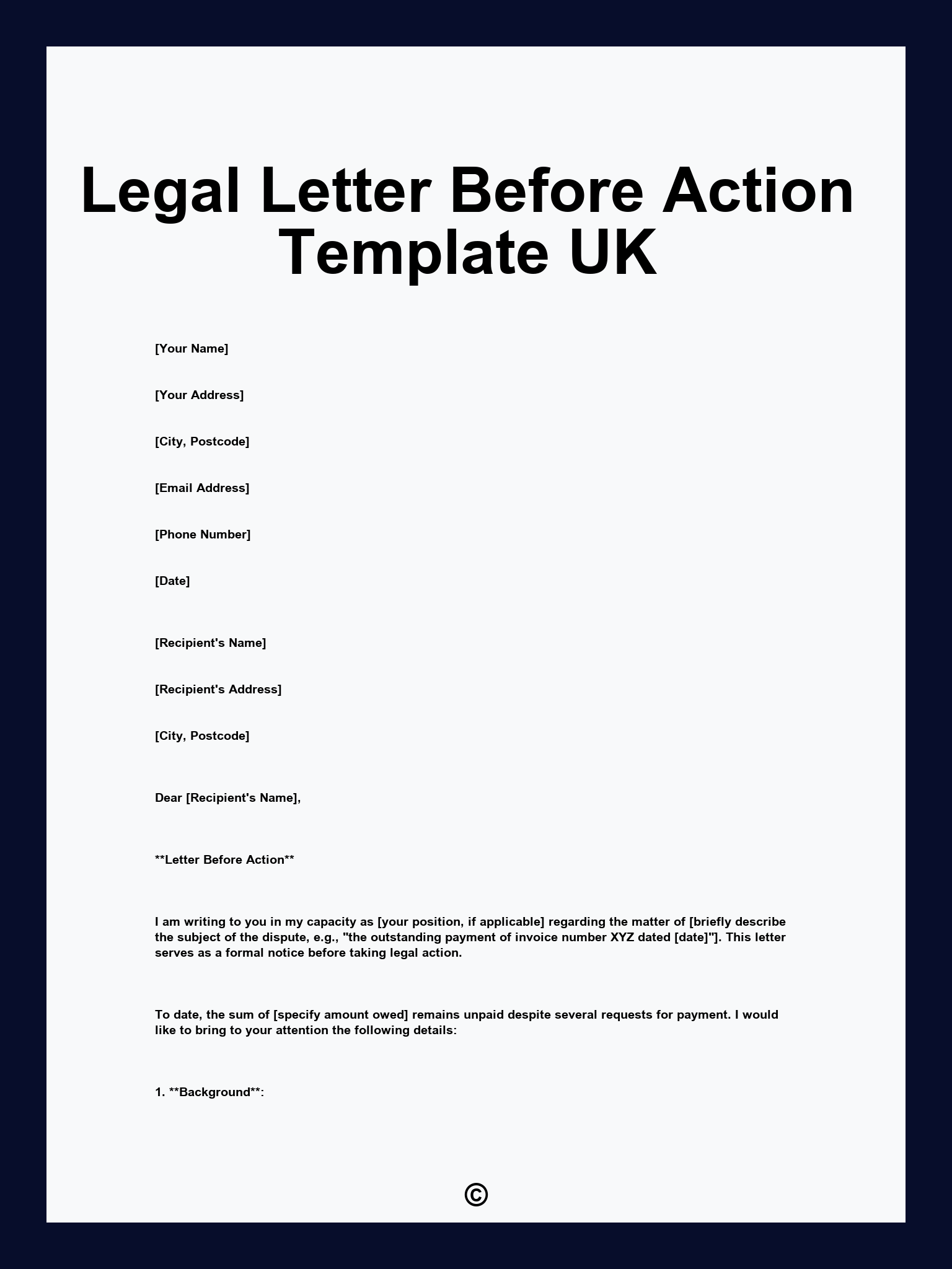 Legal Letter Before Action Template UK