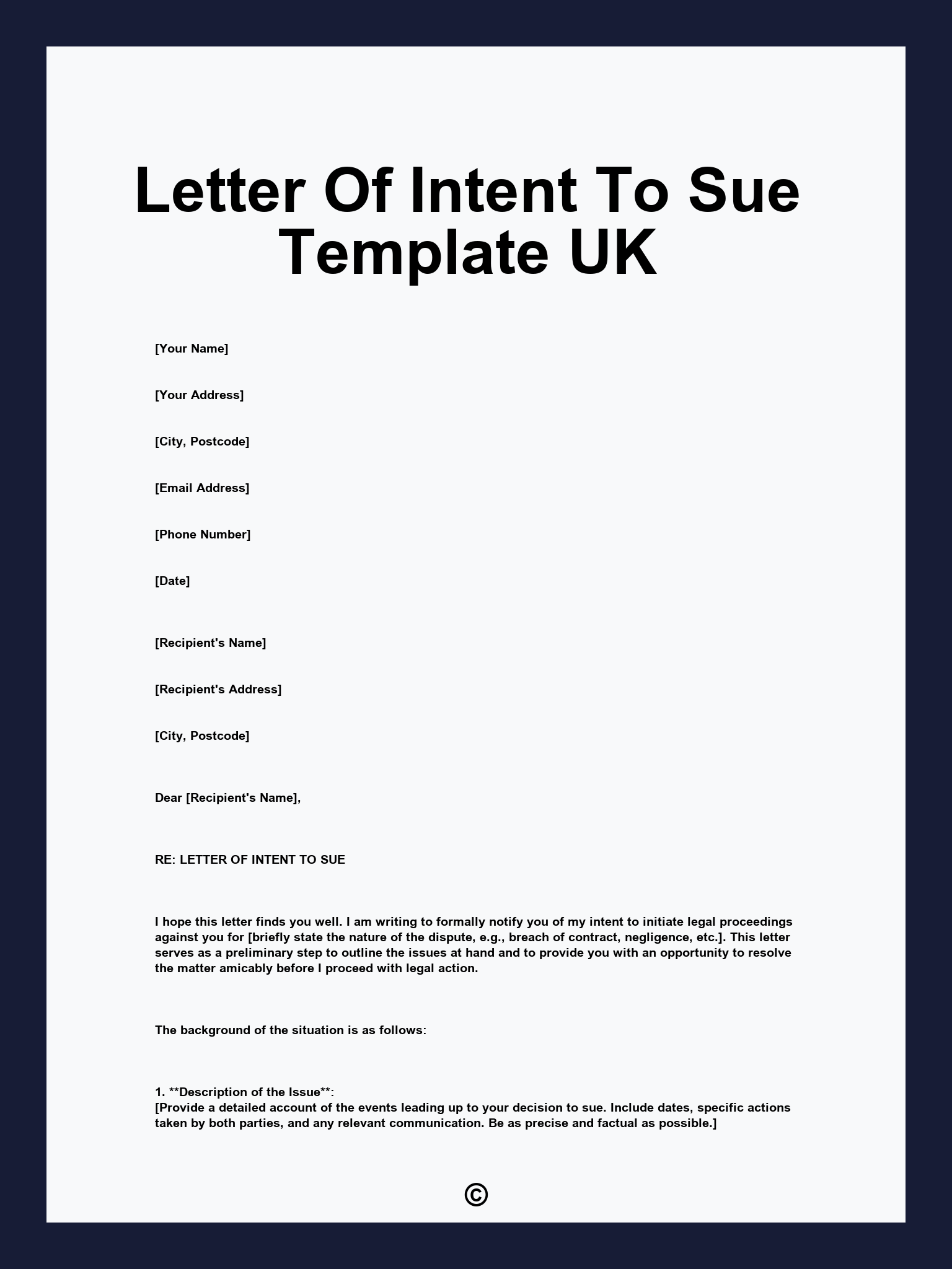 Letter Of Intent To Sue Template UK